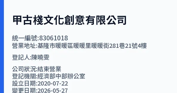 甲古棧文化創意有限公司的照片-統編 83061018(基隆市) 公司登記資料與營業項目詳細圖表