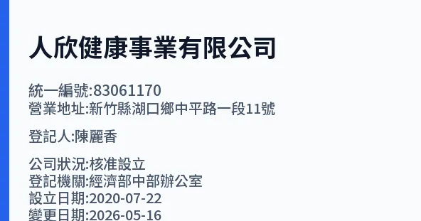 人欣健康事業有限公司的照片-統編 83061170(新竹縣) 公司登記資料與營業項目詳細圖表