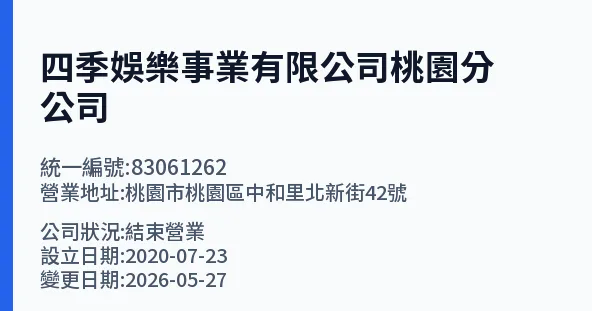 四季娛樂事業有限公司桃園分公司的照片-統編 83061262(桃園市) 公司登記資料與營業項目詳細圖表