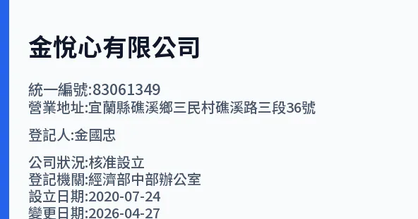 金悅心有限公司的照片-統編 83061349(宜蘭縣) 公司登記資料與營業項目詳細圖表