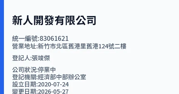 新人開發有限公司的照片-統編 83061621(新竹市) 公司登記資料與營業項目詳細圖表
