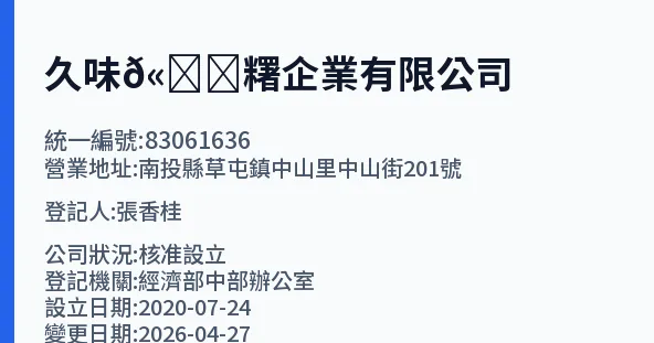 久味𫃎糬企業有限公司的照片-統編 83061636(南投縣) 公司登記資料與營業項目詳細圖表