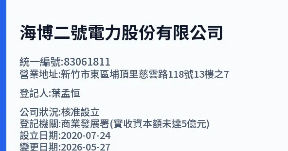 海博二號電力股份有限公司的照片-統編 83061811(新竹市) 公司登記資料與營業項目詳細圖表