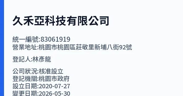 久禾亞科技有限公司的照片-統編 83061919(桃園市) 公司登記資料與營業項目詳細圖表