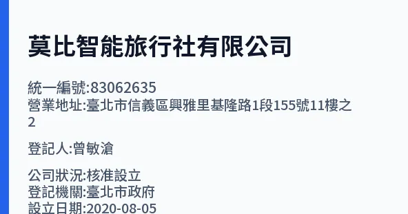 莫比智能旅行社有限公司的照片-統編 83062635(臺北市) 公司登記資料與營業項目詳細圖表