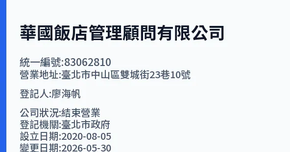 華國飯店管理顧問有限公司的照片-統編 83062810(臺北市) 公司登記資料與營業項目詳細圖表