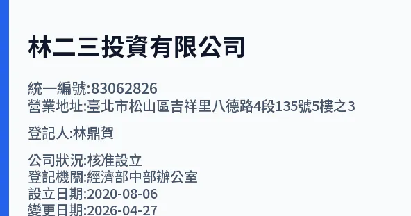 林二三投資有限公司的照片-統編 83062826(臺北市) 公司登記資料與營業項目詳細圖表