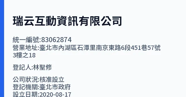 瑞云互動資訊有限公司的照片-統編 83062874(臺北市) 公司登記資料與營業項目詳細圖表