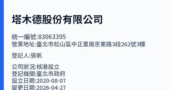 塔木德股份有限公司的照片-統編 83063395(臺北市) 公司登記資料與營業項目詳細圖表