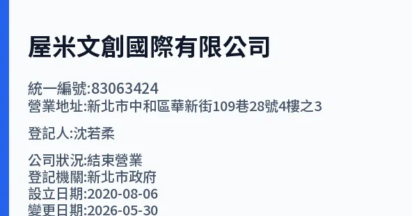 屋米文創國際有限公司的照片-統編 83063424(新北市) 公司登記資料與營業項目詳細圖表
