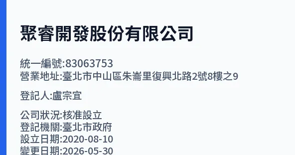 聚睿開發股份有限公司的照片-統編 83063753(臺北市) 公司登記資料與營業項目詳細圖表