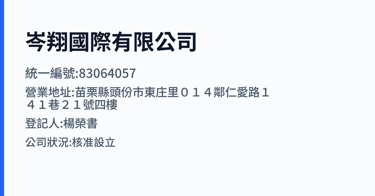 岑翔國際有限公司 - 統編 83064057(苗栗縣) 公司登記資料與營業項目詳細圖表