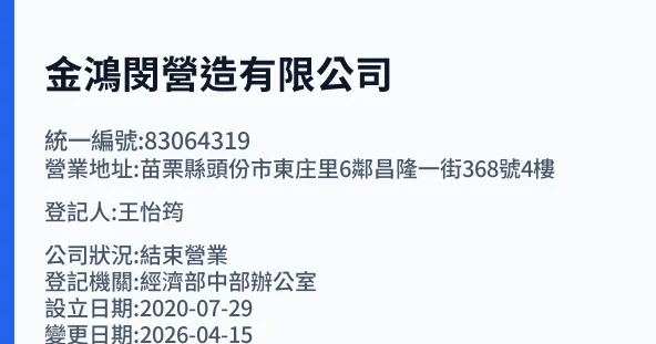 金鴻閔營造有限公司的照片-統編 83064319(苗栗縣) 公司登記資料與營業項目詳細圖表