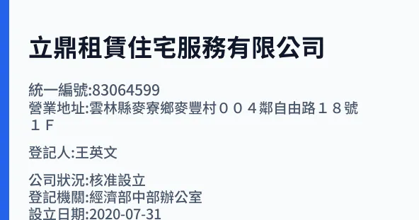 立鼎租賃住宅服務有限公司的照片-統編 83064599(雲林縣) 公司登記資料與營業項目詳細圖表