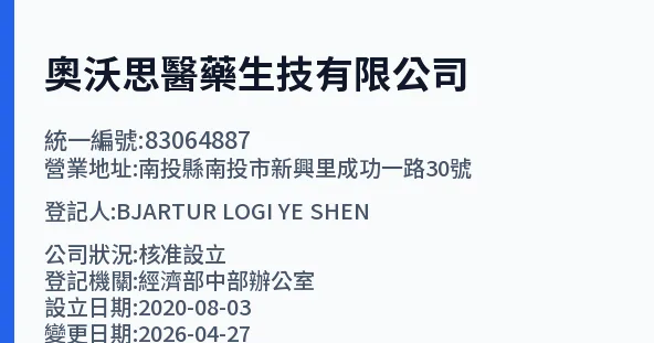 奧沃思醫藥生技有限公司的照片-統編 83064887(南投縣) 公司登記資料與營業項目詳細圖表