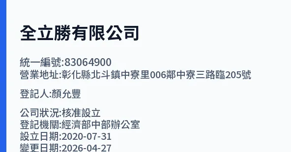全立勝有限公司的照片-統編 83064900(彰化縣) 公司登記資料與營業項目詳細圖表