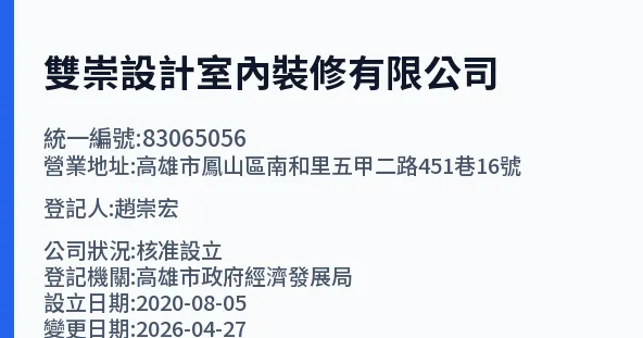 雙崇設計室內裝修有限公司的照片-統編 83065056(高雄市) 公司登記資料與營業項目詳細圖表