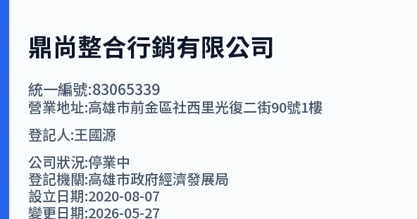鼎尚整合行銷有限公司的照片-統編 83065339(高雄市) 公司登記資料與營業項目詳細圖表