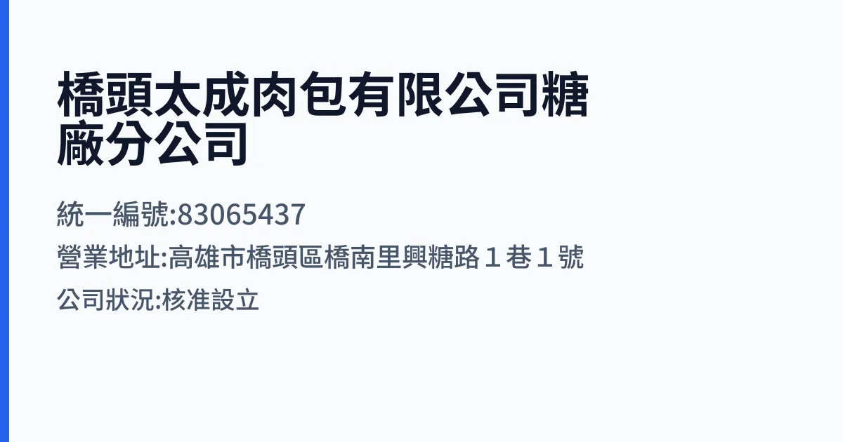 橋頭太成肉包有限公司糖廠分公司 - 統編 83065437(高雄市) 公司登記資料與營業項目詳細圖表