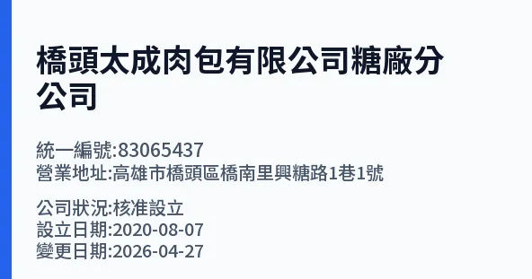 橋頭太成肉包有限公司糖廠分公司的照片-統編 83065437(高雄市) 公司登記資料與營業項目詳細圖表