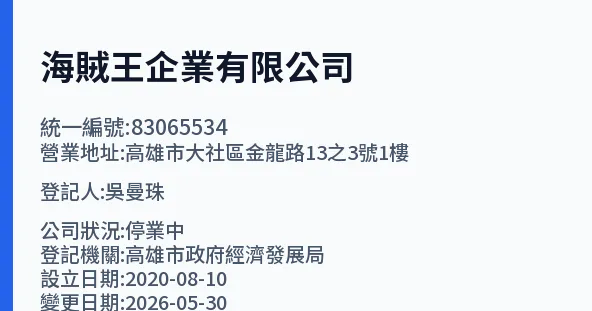 海賊王企業有限公司的照片-統編 83065534(高雄市) 公司登記資料與營業項目詳細圖表