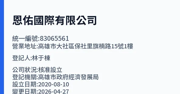 恩佑國際有限公司的照片-統編 83065561(高雄市) 公司登記資料與營業項目詳細圖表