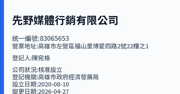 先野媒體行銷有限公司的照片-統編 83065653(高雄市) 公司登記資料與營業項目詳細圖表