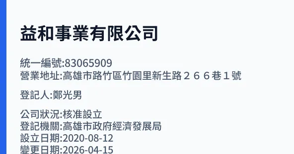 益和事業有限公司的照片-統編 83065909(高雄市) 公司登記資料與營業項目詳細圖表