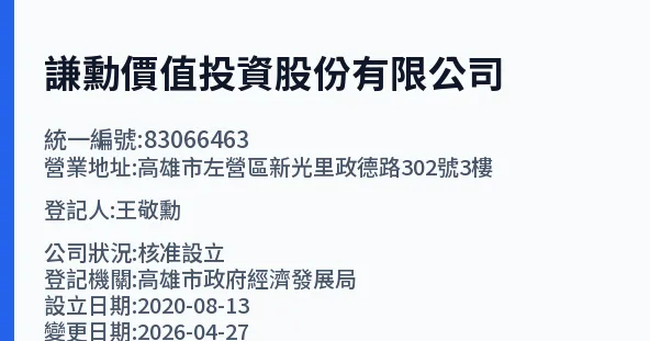 謙勳價值投資股份有限公司的照片-統編 83066463(高雄市) 公司登記資料與營業項目詳細圖表