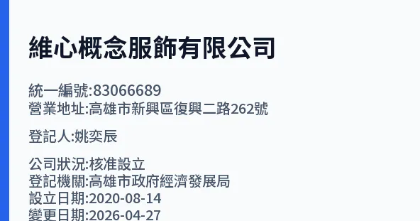 維心概念服飾有限公司的照片-統編 83066689(高雄市) 公司登記資料與營業項目詳細圖表