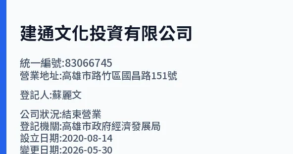 建通文化投資有限公司的照片-統編 83066745(高雄市) 公司登記資料與營業項目詳細圖表