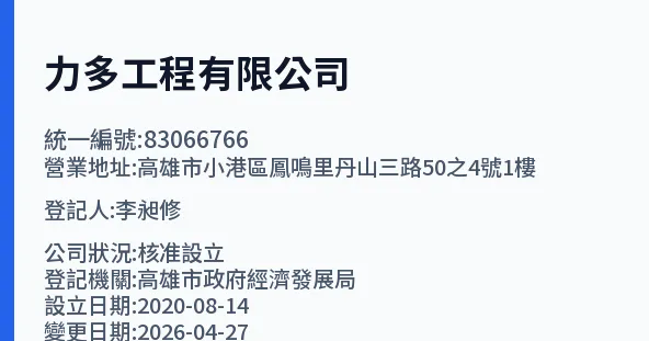力多工程有限公司的照片-統編 83066766(高雄市) 公司登記資料與營業項目詳細圖表