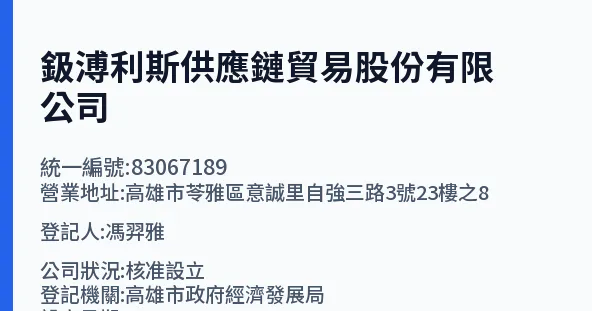 鈒溥利斯供應鏈貿易股份有限公司的照片-統編 83067189(高雄市) 公司登記資料與營業項目詳細圖表