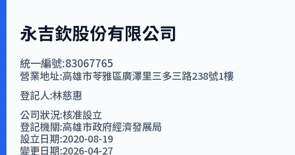 永吉欽股份有限公司的照片-統編 83067765(高雄市) 公司登記資料與營業項目詳細圖表