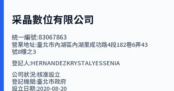 采晶數位有限公司的照片-統編 83067863(臺北市) 公司登記資料與營業項目詳細圖表