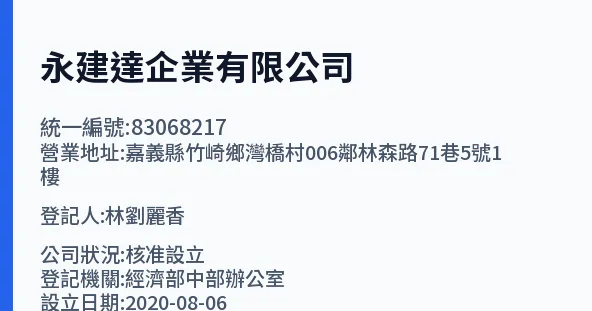 永建達企業有限公司的照片-統編 83068217(嘉義縣) 公司登記資料與營業項目詳細圖表