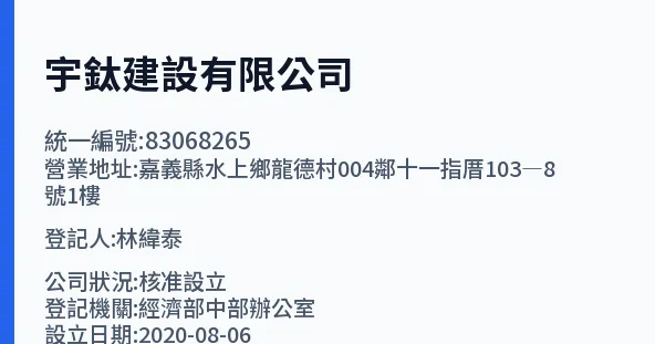 宇鈦建設有限公司的照片-統編 83068265(嘉義縣) 公司登記資料與營業項目詳細圖表