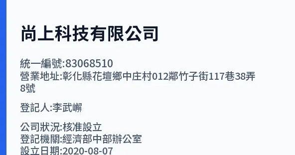 尚上科技有限公司的照片-統編 83068510(彰化縣) 公司登記資料與營業項目詳細圖表