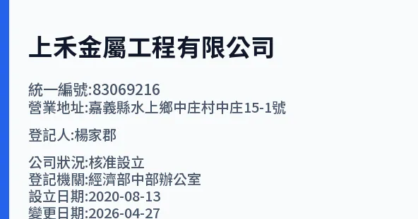 上禾金屬工程有限公司的照片-統編 83069216(嘉義縣) 公司登記資料與營業項目詳細圖表