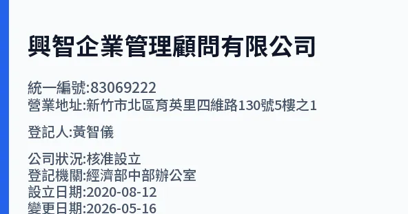 興智企業管理顧問有限公司的照片-統編 83069222(新竹市) 公司登記資料與營業項目詳細圖表