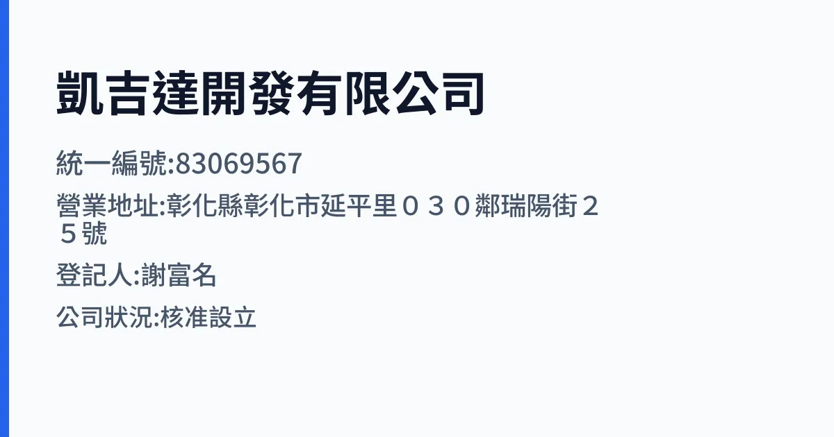 凱吉達開發有限公司 - 統編 83069567(彰化縣) 公司登記資料與營業項目詳細圖表