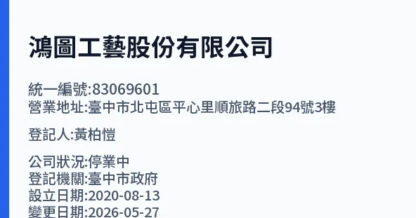 鴻圖工藝股份有限公司的照片-統編 83069601(臺中市) 公司登記資料與營業項目詳細圖表