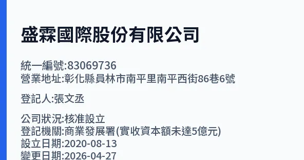 盛霖國際股份有限公司的照片-統編 83069736(彰化縣) 公司登記資料與營業項目詳細圖表