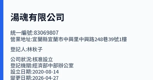 湯魂有限公司的照片-統編 83069807(宜蘭縣) 公司登記資料與營業項目詳細圖表
