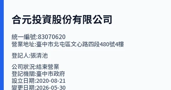 合元投資股份有限公司的照片-統編 83070620(臺中市) 公司登記資料與營業項目詳細圖表