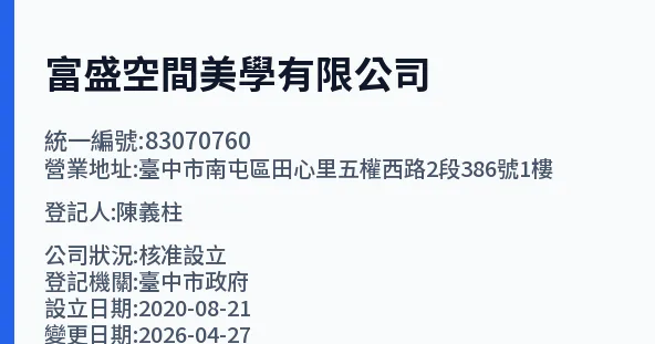 富盛空間美學有限公司的照片-統編 83070760(臺中市) 公司登記資料與營業項目詳細圖表