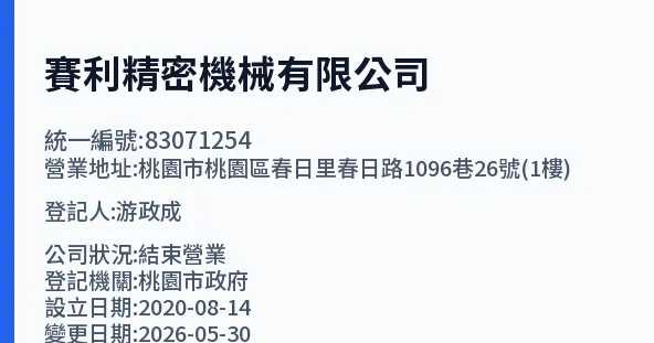 賽利精密機械有限公司的照片-統編 83071254(桃園市) 公司登記資料與營業項目詳細圖表