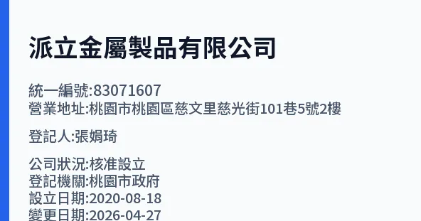 派立金屬製品有限公司的照片-統編 83071607(桃園市) 公司登記資料與營業項目詳細圖表