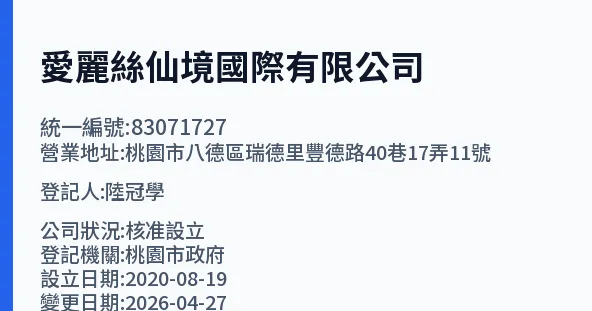 愛麗絲仙境國際有限公司的照片-統編 83071727(桃園市) 公司登記資料與營業項目詳細圖表