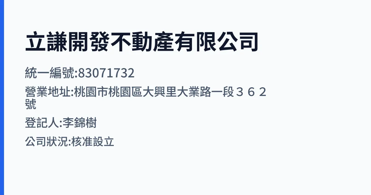 立謙開發不動產有限公司 - 統編 83071732(桃園市) 公司登記資料與營業項目詳細圖表